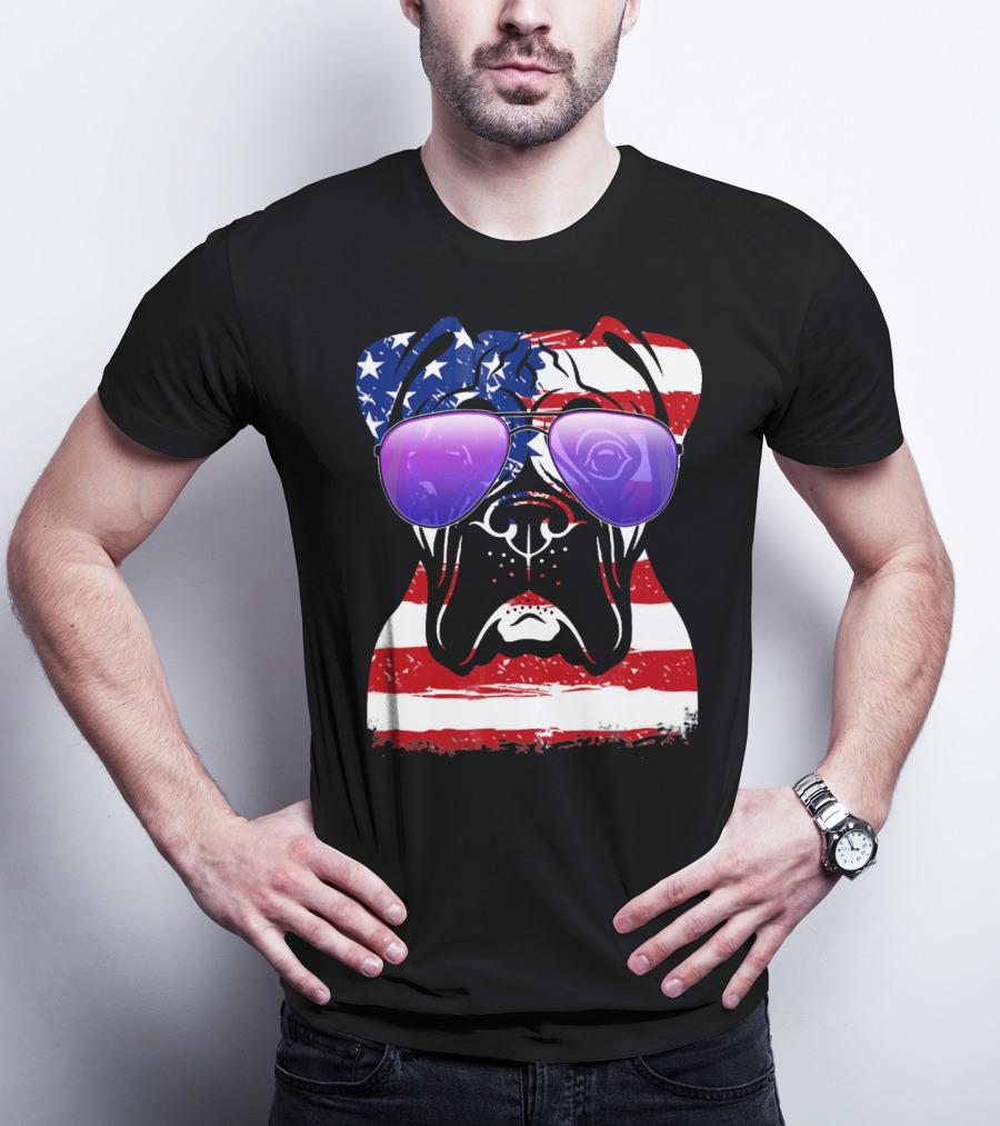 Boxer Dog With American Flag Sunglasses Patriotic T-Shirt