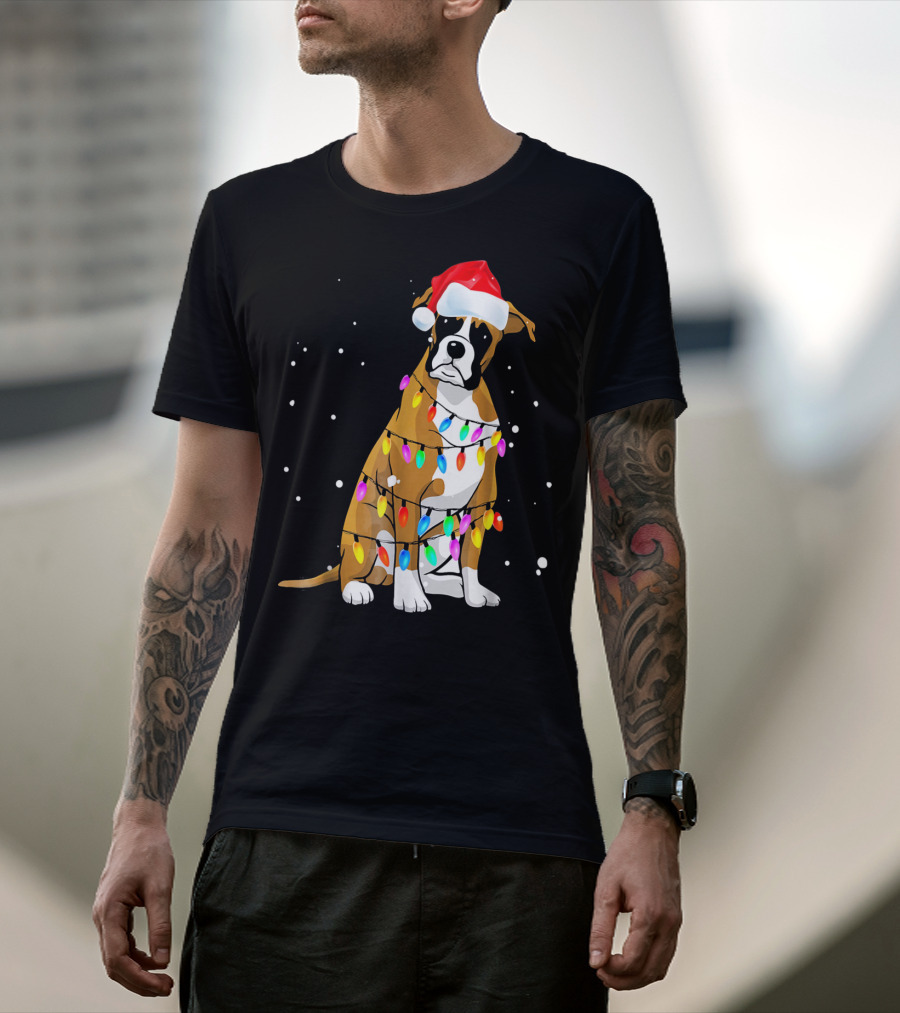 Boxer Dog Wrapped In Christmas Lights With Santa Hat T-Shirt