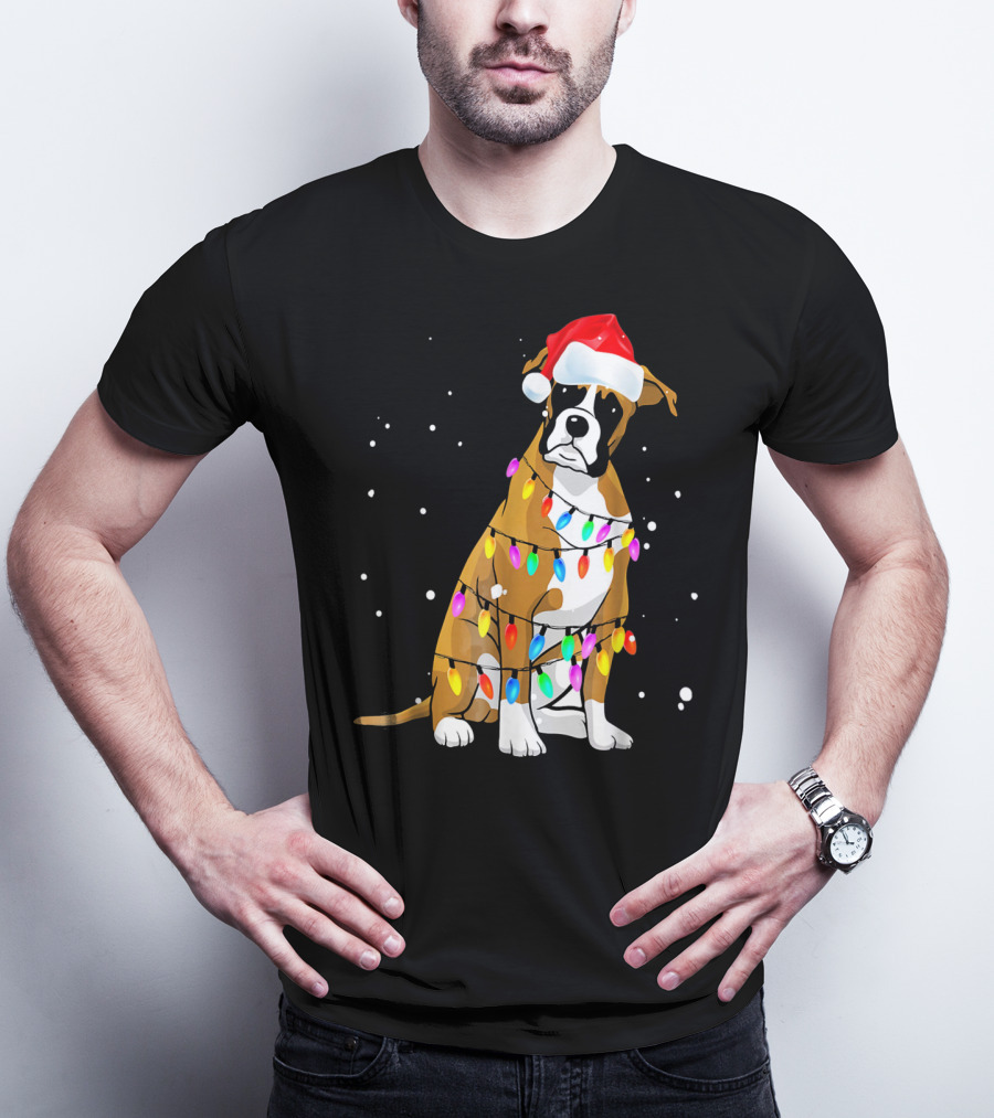 Boxer Dog Wrapped In Christmas Lights With Santa Hat T-Shirt