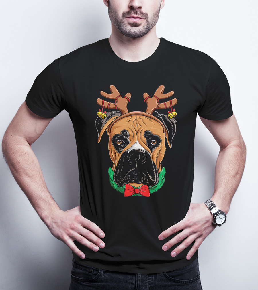 Boxer Dog With Reindeer Antlers Bow Tie Christmas T-Shirt