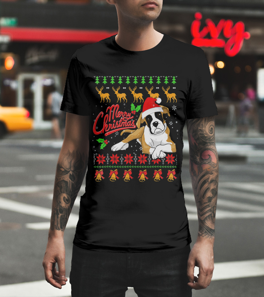 Merry Christmas Boxer Dog Santa Hat Reindeer Snowflakes T-Shirt