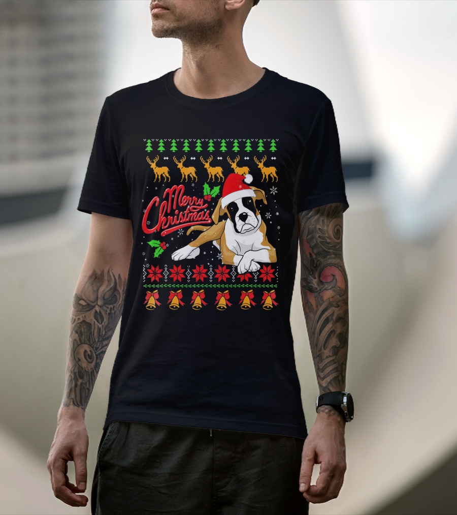 Merry Christmas Boxer Dog Santa Hat Reindeer Snowflakes T-Shirt