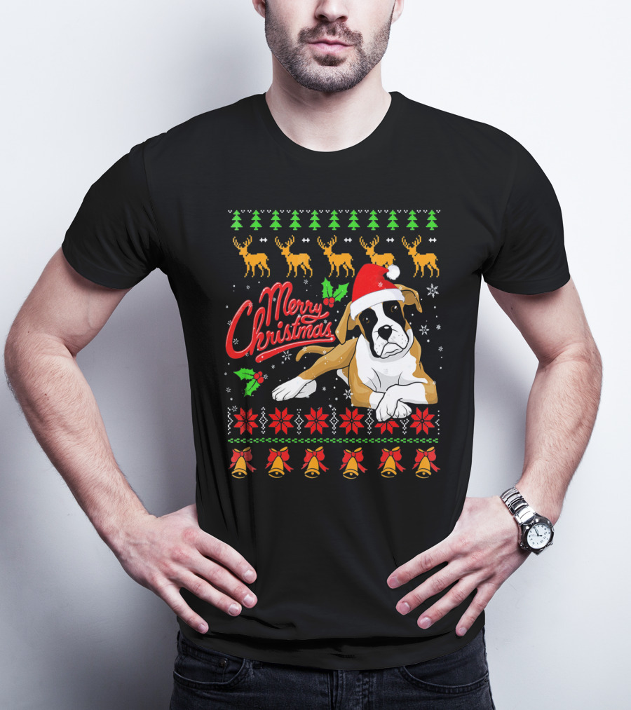 Merry Christmas Boxer Dog Santa Hat Reindeer Snowflakes T-Shirt