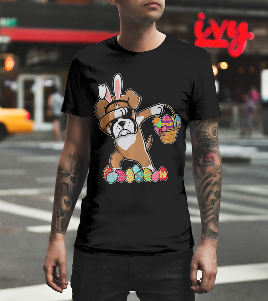 Boxer Dabbing As Easter Bunny With Basket And Eggs T-Shirt