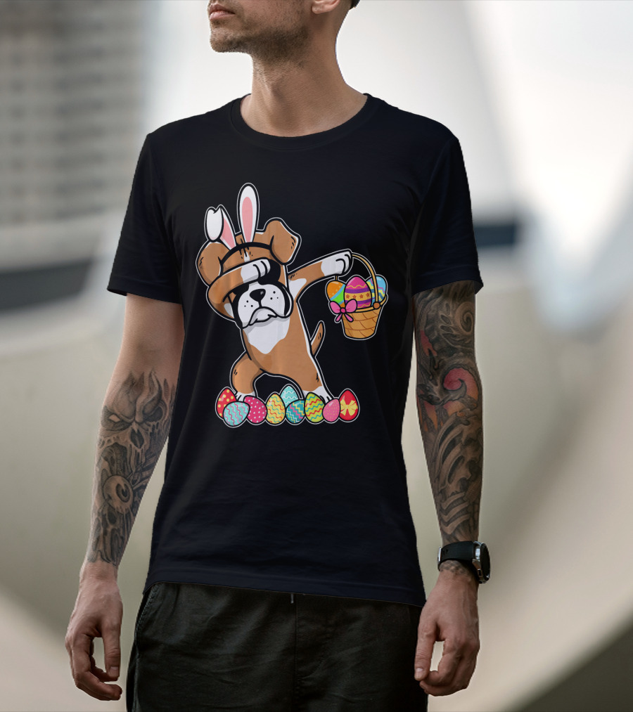 Boxer Dabbing As Easter Bunny With Basket And Eggs T-Shirt