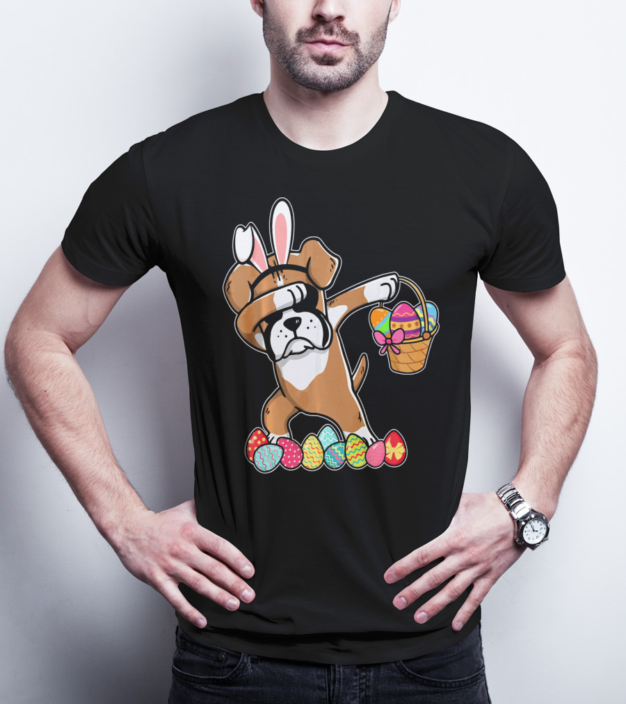 Boxer Dabbing As Easter Bunny With Basket And Eggs T-Shirt
