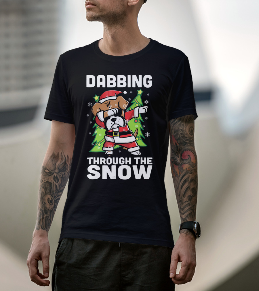 Dabbing Through The Snow Boxer Dog Santa Christmas Snowflakes Pine Trees T-Shirt