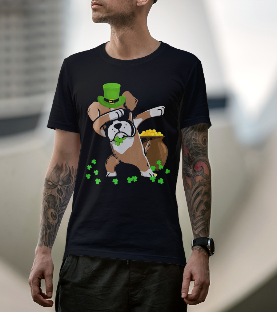 Boxer Dabbing St Patricks Day Dog With Leprechaun Hat And Pot Of Gold T-Shirt