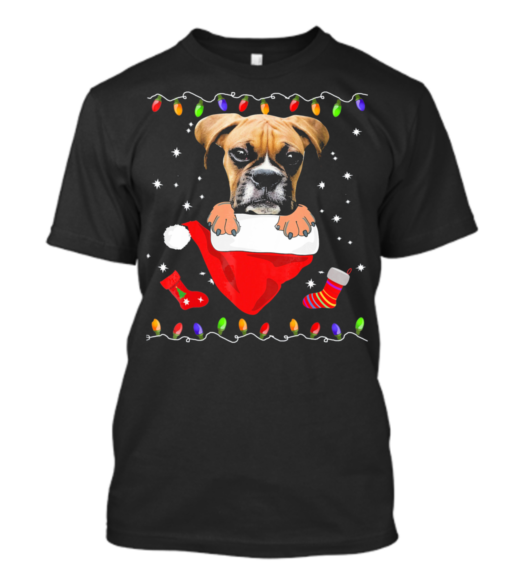 Festive Boxer Dog Christmas With Santa Hat And Holiday Lights T-Shirt