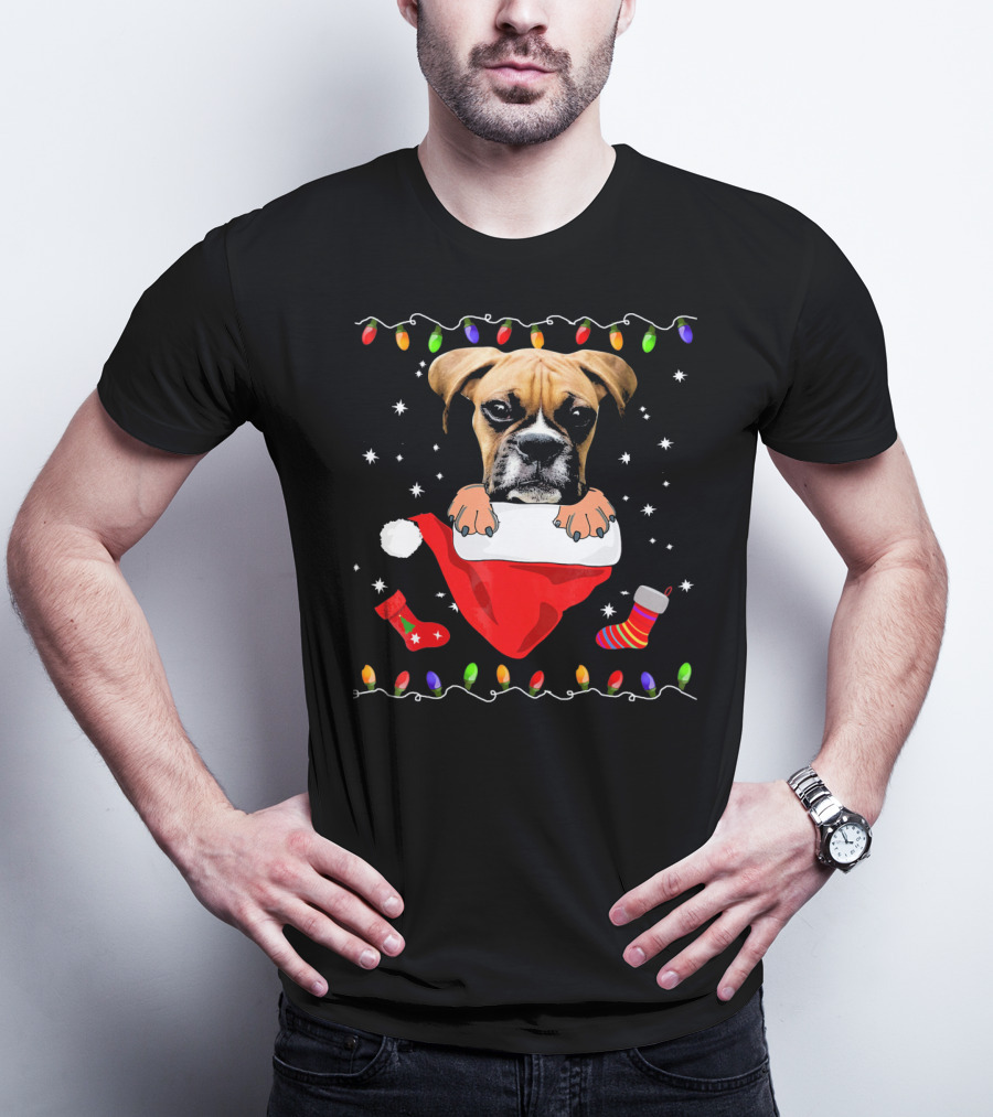 Festive Boxer Dog Christmas With Santa Hat And Holiday Lights T-Shirt
