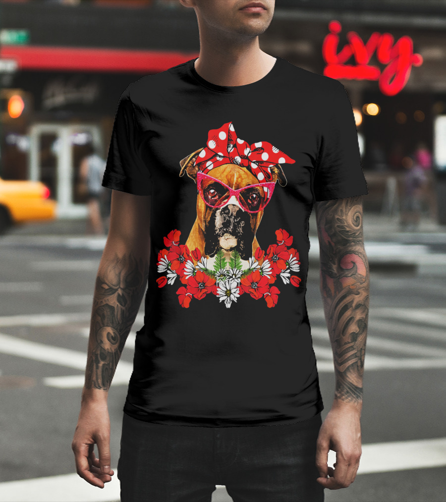 Boxer Dog Moms Red Polka Dot Bow Mixed Flower Arrangement T-Shirt
