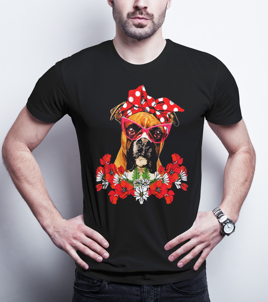 Boxer Dog Moms Red Polka Dot Bow Mixed Flower Arrangement T-Shirt