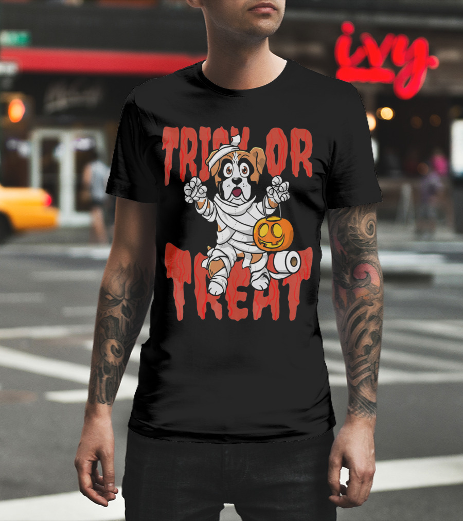 Trick Or Treat Boxer Dog Mummy With Pumpkin And Toilet Paper Rolls T-Shirt