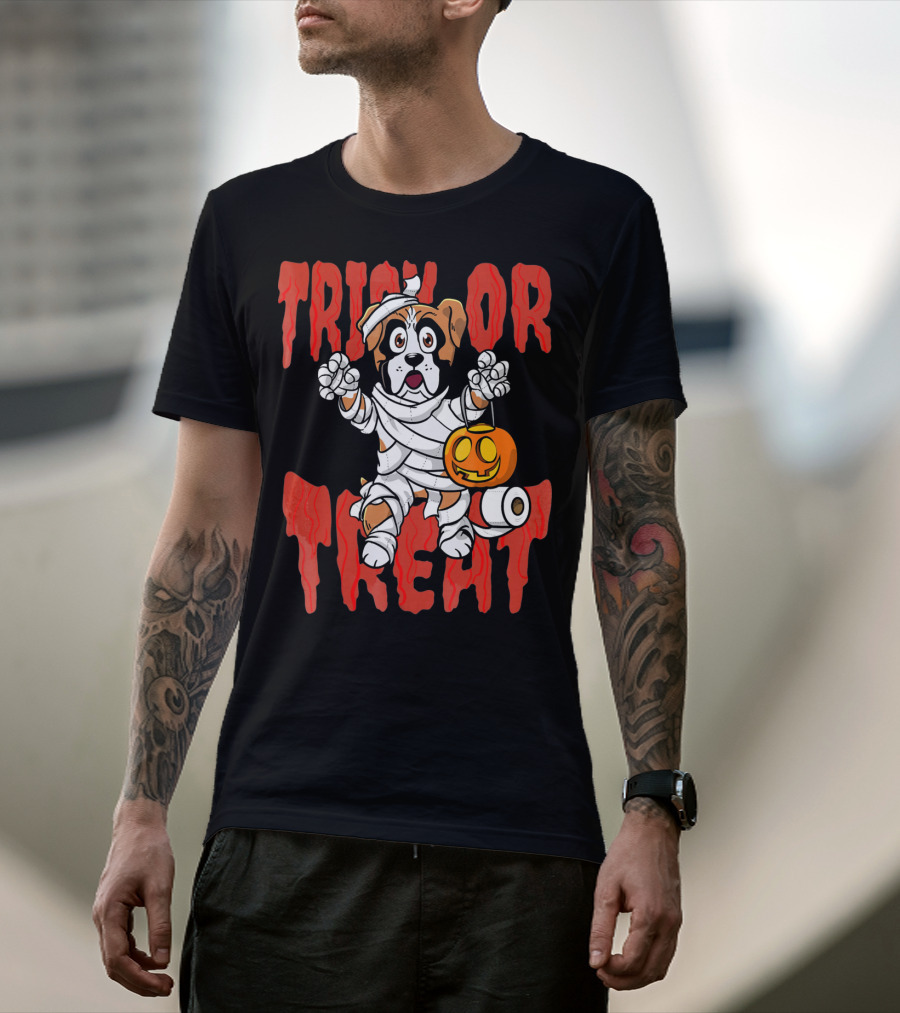 Trick Or Treat Boxer Dog Mummy With Pumpkin And Toilet Paper Rolls T-Shirt