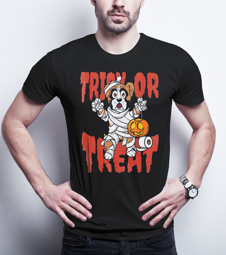 Trick Or Treat Boxer Dog Mummy With Pumpkin And Toilet Paper Rolls T-Shirt