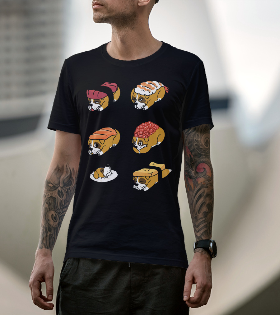 Boxer Dog Nigiri Sushi Funny Dog Boxer Sushi Roll Humor Nigiri Boxer Pups Sushi Styled Boxer Dogs T-Shirt
