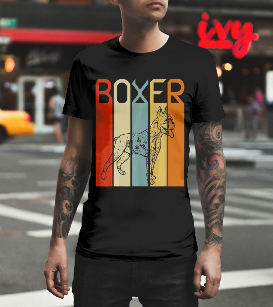 Boxer Dog Retro Stripes Outline T-Shirt