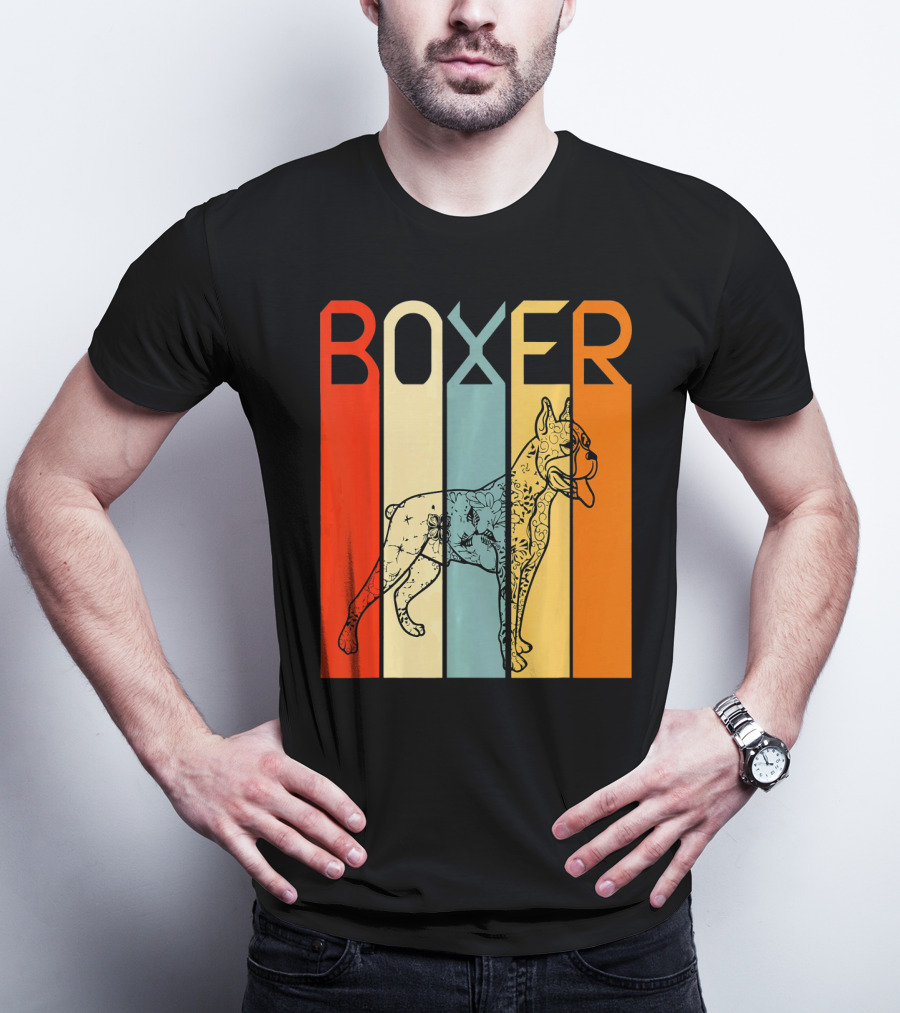 Boxer Dog Retro Stripes Outline T-Shirt