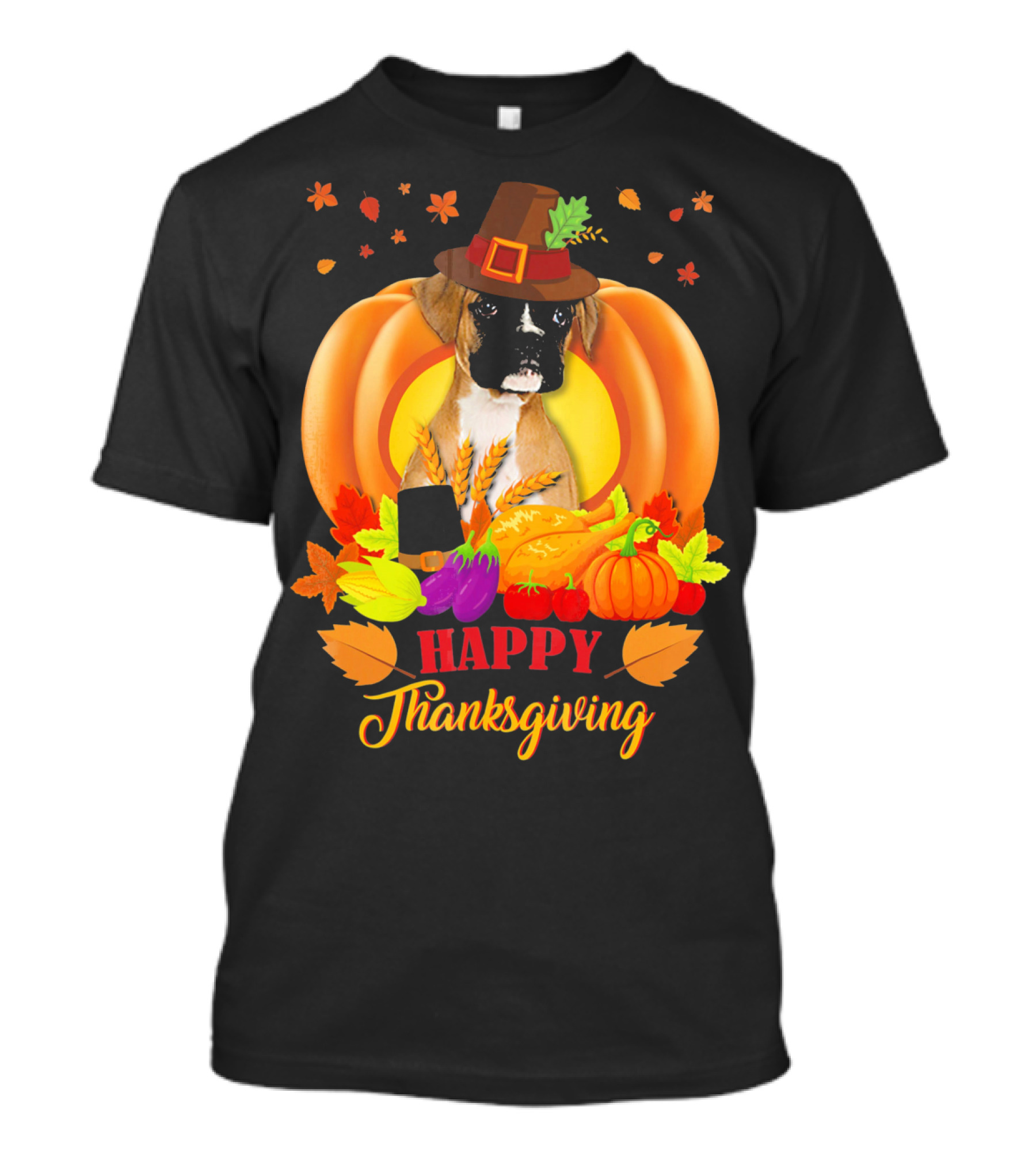Boxer Dog In Pilgrim Hat Happy Thanksgiving Pumpkin Harvest T-Shirt