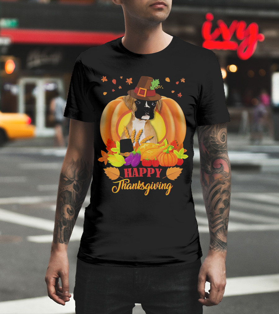 Boxer Dog In Pilgrim Hat Happy Thanksgiving Pumpkin Harvest T-Shirt