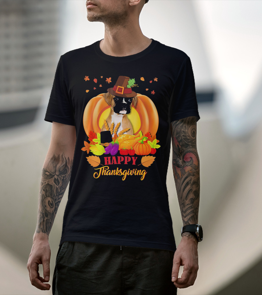 Boxer Dog In Pilgrim Hat Happy Thanksgiving Pumpkin Harvest T-Shirt
