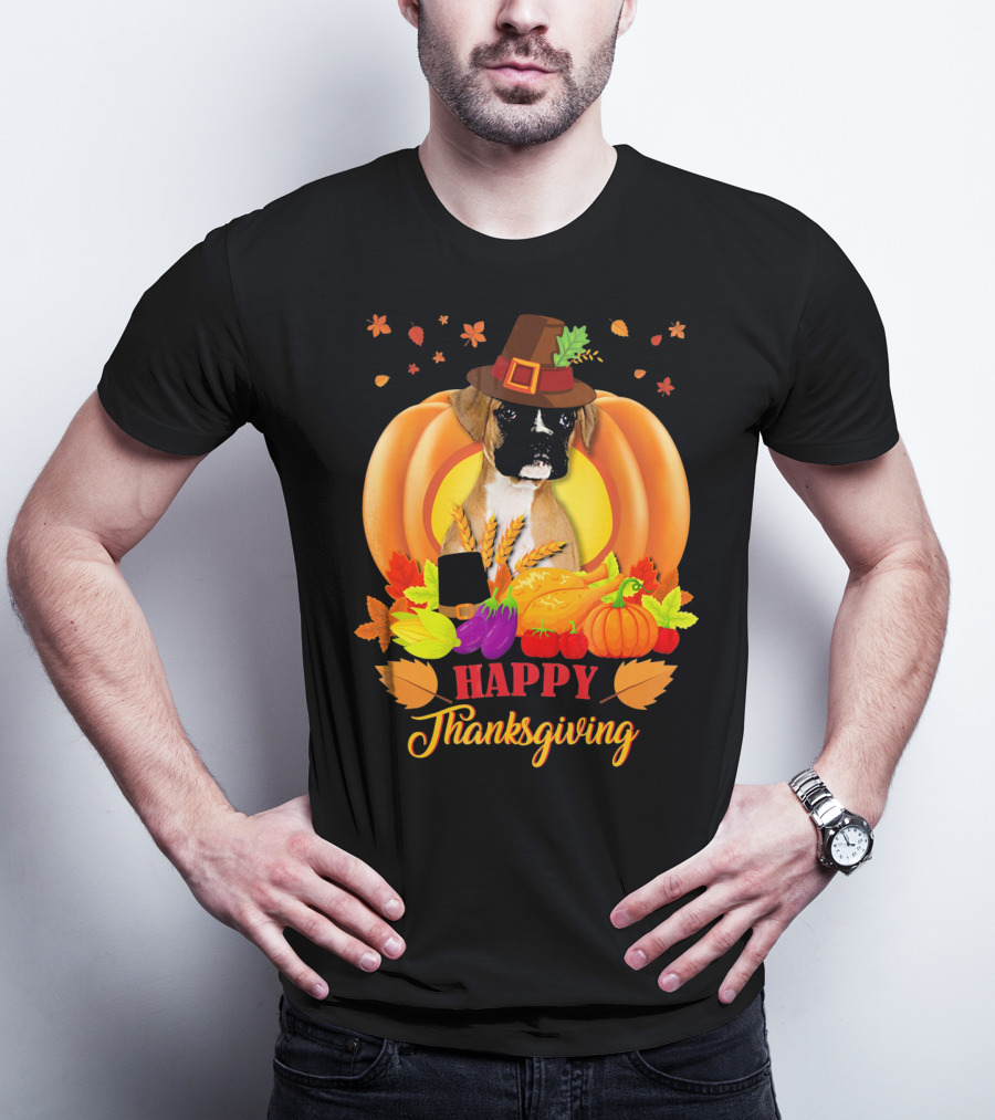 Boxer Dog In Pilgrim Hat Happy Thanksgiving Pumpkin Harvest T-Shirt