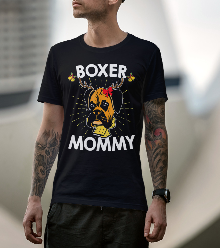 Boxer Mommy Reindeer Antlers Christmas Lights Bow Scarf Dog T-Shirt