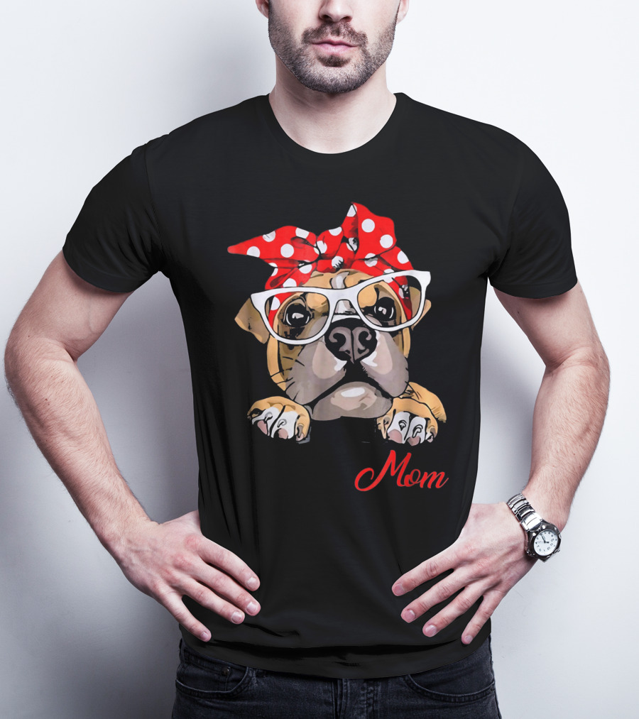 Boxer Mom Dog With Polka Dot Headband And Glasses T-Shirt