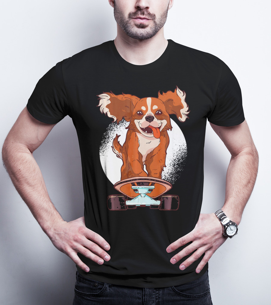 Cavalier Dog On Skateboard With Happy Expression And Energetic Pose T-Shirt