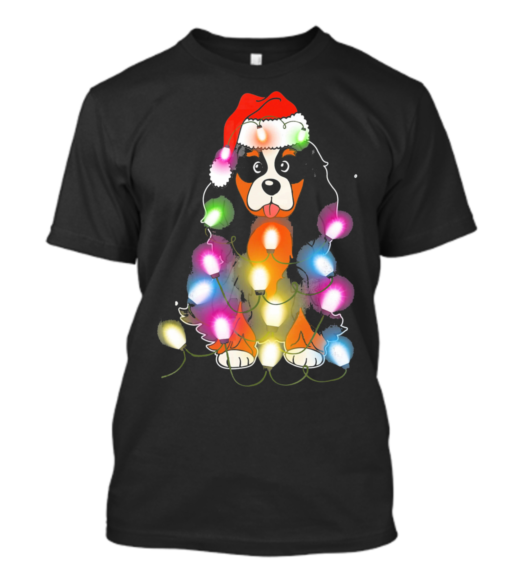 Cavalier King Charles Spaniel Festive Christmas Lights With Santa Hat T-Shirt