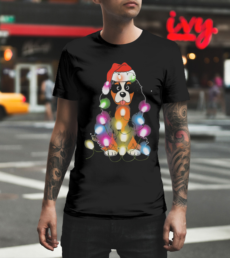 Cavalier King Charles Spaniel Festive Christmas Lights With Santa Hat T-Shirt