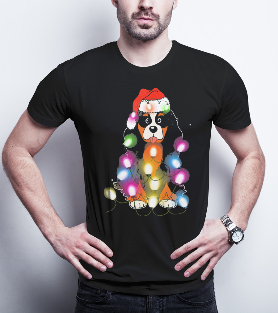 Cavalier King Charles Spaniel Festive Christmas Lights With Santa Hat T-Shirt