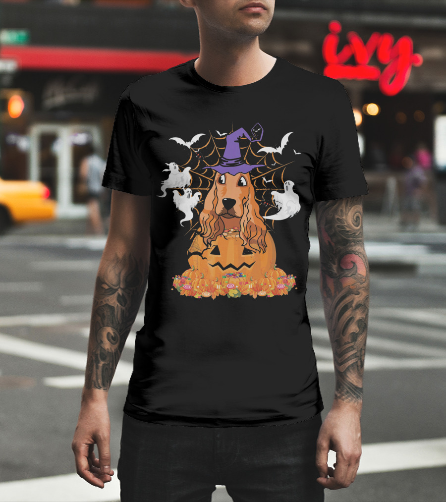 Cavalier King Charles Spaniel Halloween Pumpkin Ghosts And Witch Hat T-Shirt
