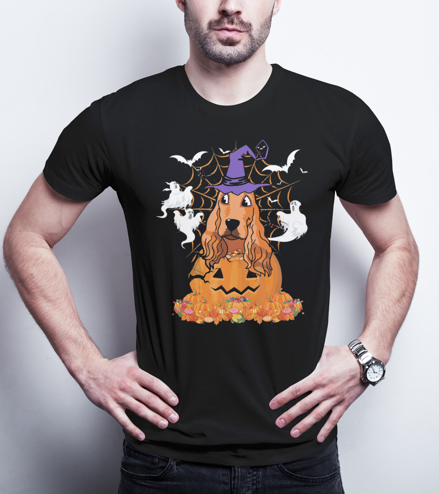 Cavalier King Charles Spaniel Halloween Pumpkin Ghosts And Witch Hat T-Shirt