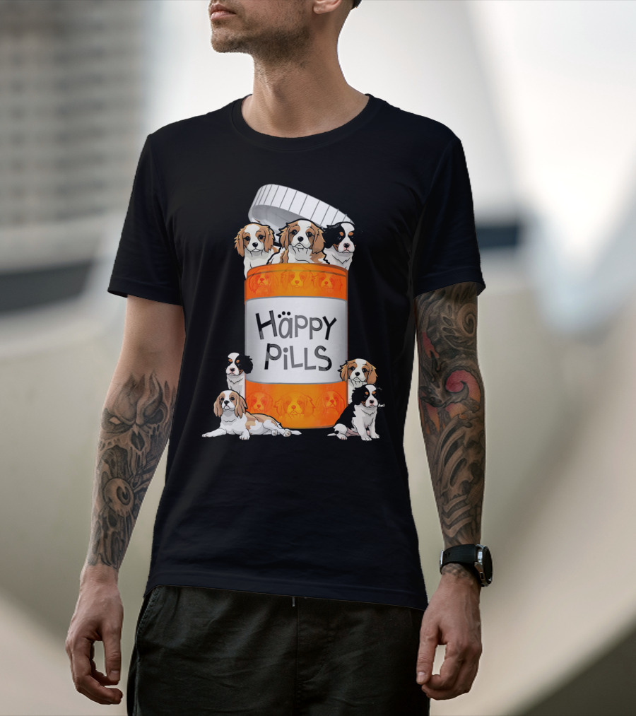 Cavalier King Charles Spaniel Happy Pills Illustration With Puppies In Pill Bottle T-Shirt
