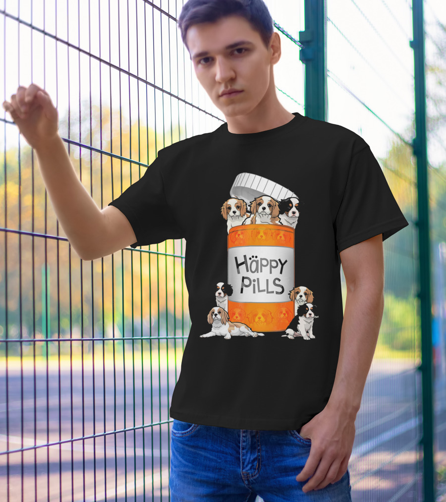 Cavalier King Charles Spaniel Happy Pills Illustration With Puppies In Pill Bottle T-Shirt