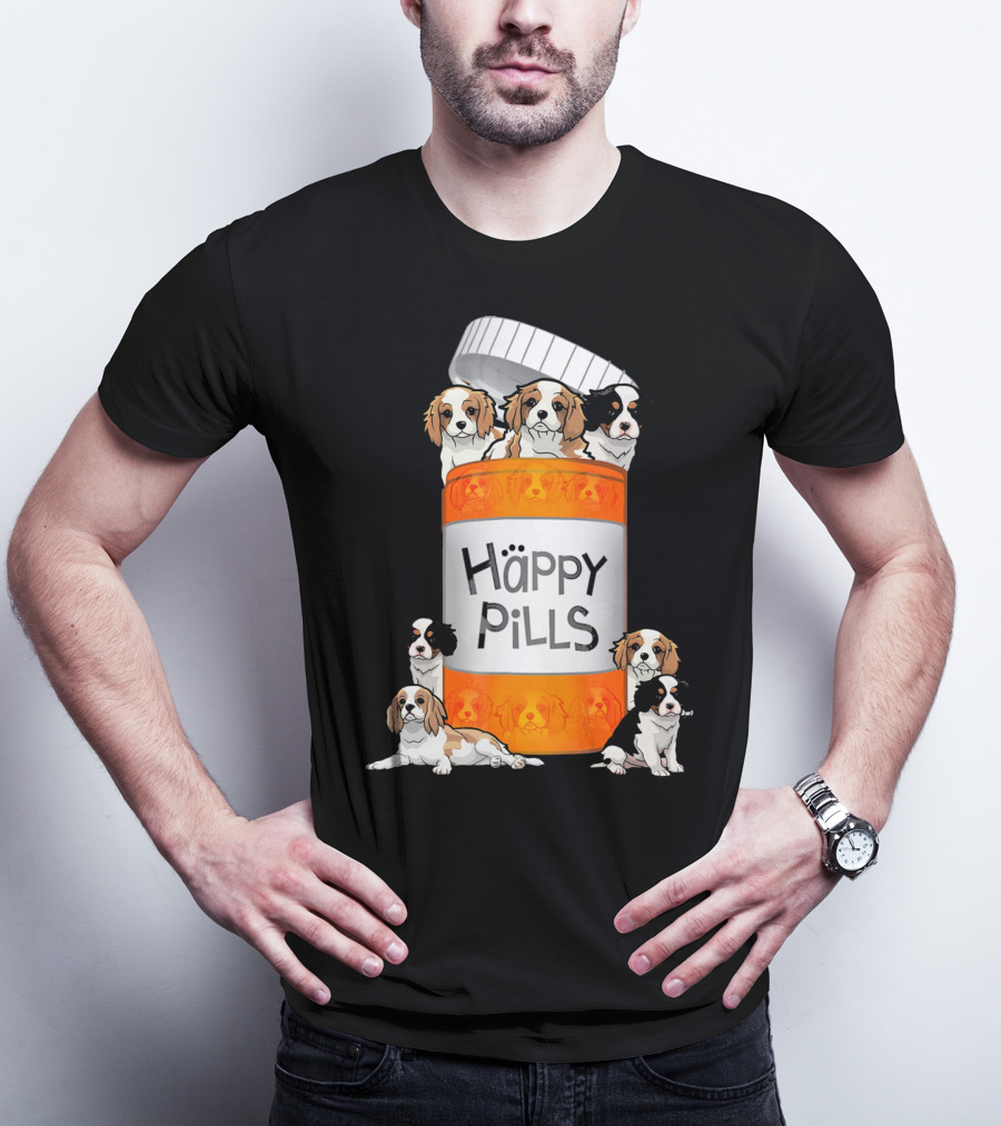 Cavalier King Charles Spaniel Happy Pills Illustration With Puppies In Pill Bottle T-Shirt