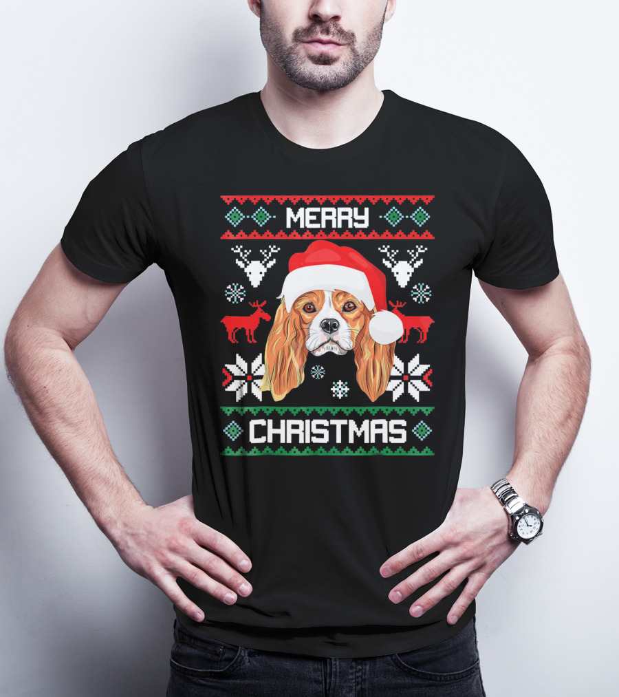 Merry Christmas Cavalier King Charles Spaniel Ugly Sweater Santa Hat T-Shirt