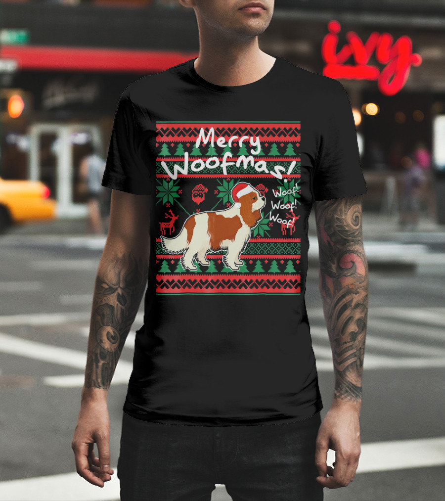 Merry Woofmas Cavalier King Charles Spaniel Festive Santa Hat Woof Woof Holiday T-Shirt