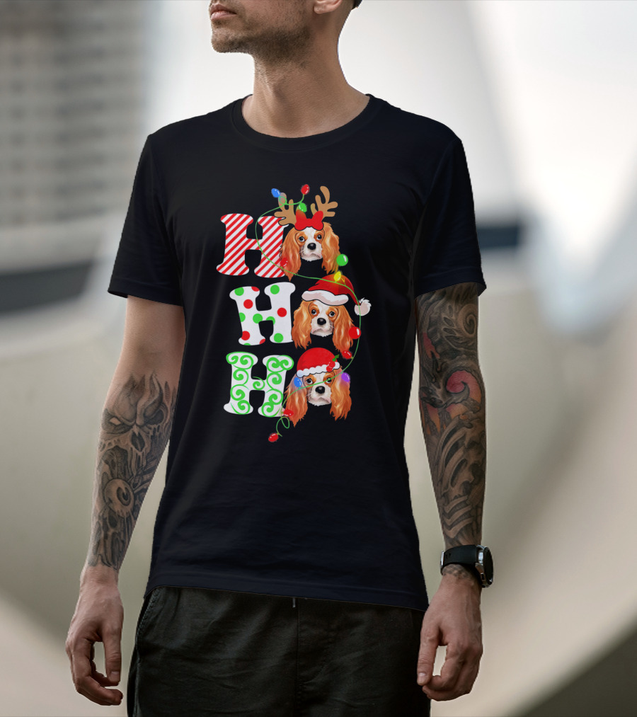 Cavalier King Charles Spaniel Santa Ho Ho Christmas Lights T-Shirt