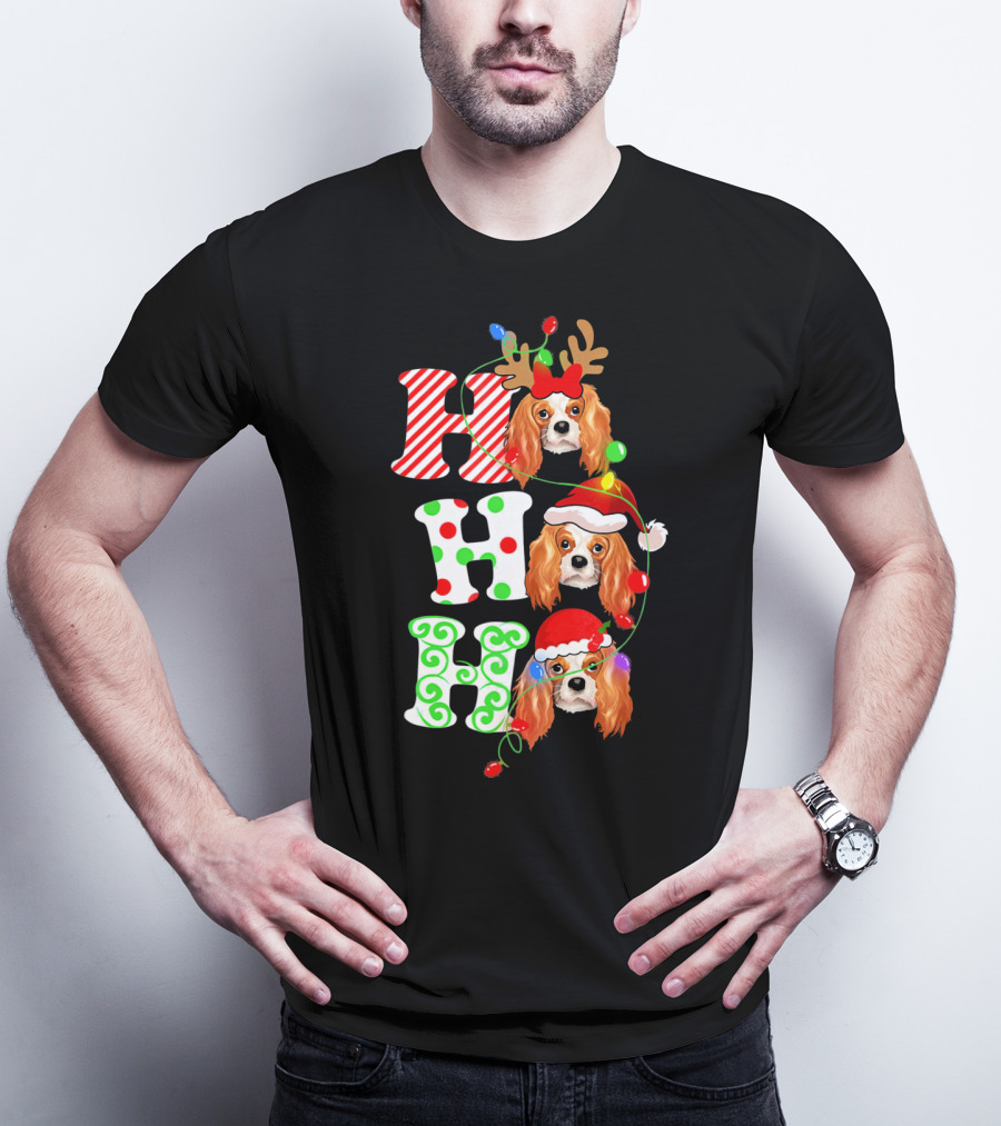 Cavalier King Charles Spaniel Santa Ho Ho Christmas Lights T-Shirt