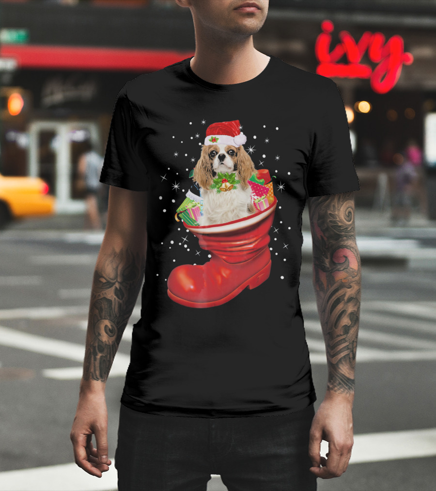 Cavalier King Christmas Dog In Festive Boot With Gifts T-Shirt