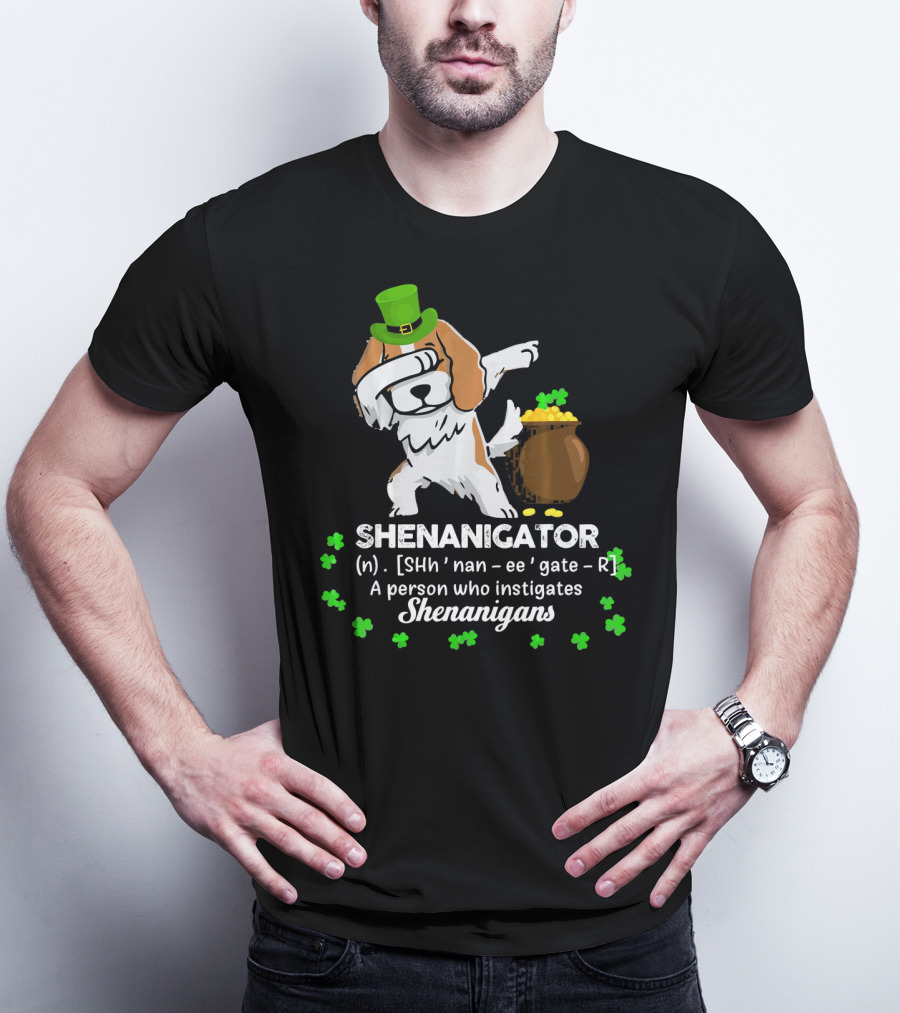 Shenanigator Cavalier King Dog With Green Hat And Pot Of Gold T-Shirt