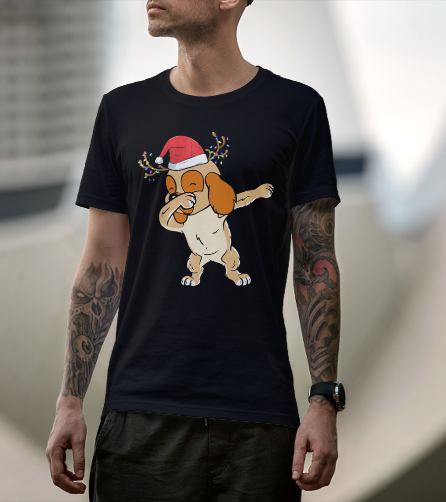 Christmas Cocker Spaniel Dabbing Reindeer Antlers Santa Hat T-Shirt