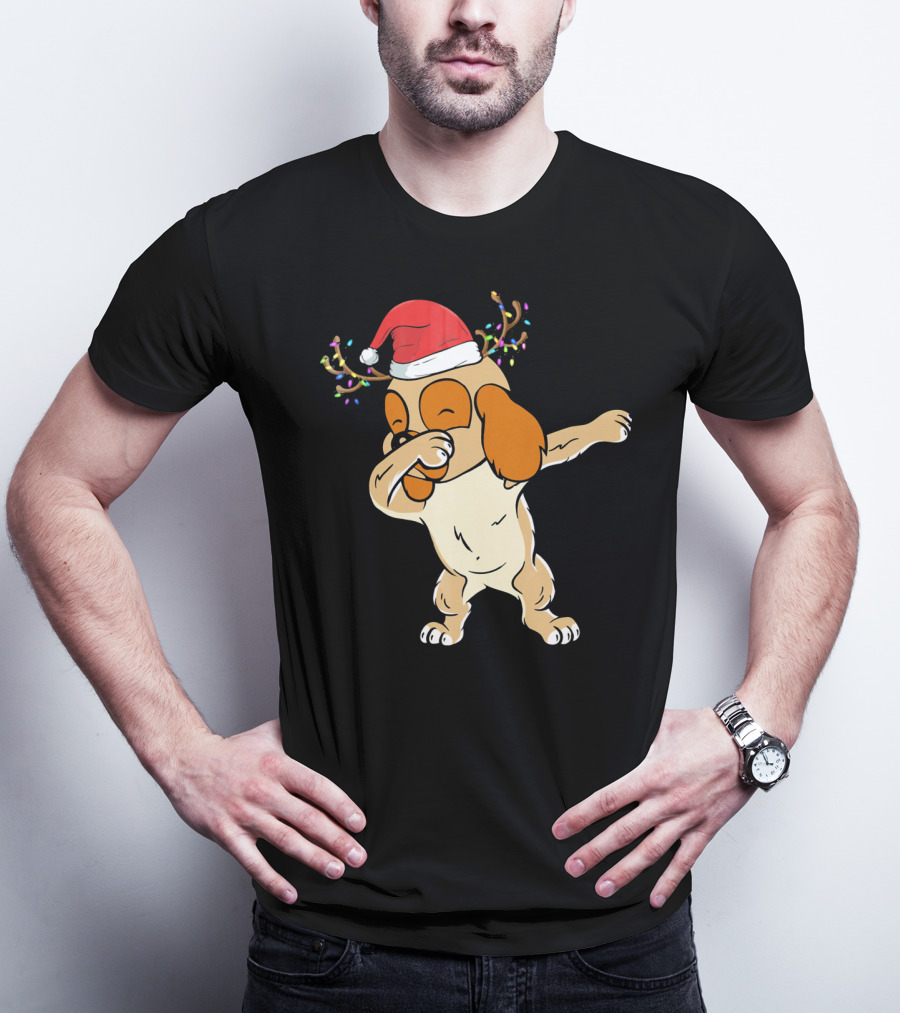 Christmas Cocker Spaniel Dabbing Reindeer Antlers Santa Hat T-Shirt