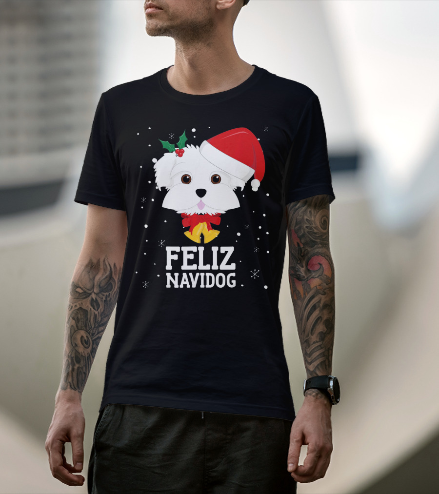 Feliz Navidog Christmas Maltese Dog With Santa Hat And Holly T-Shirt