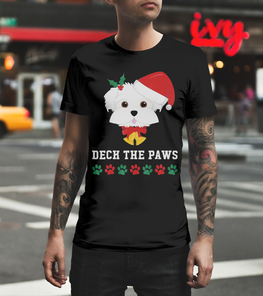 Deck The Paws Christmas Dog Maltese Santa Hat Paw Prints T-Shirt