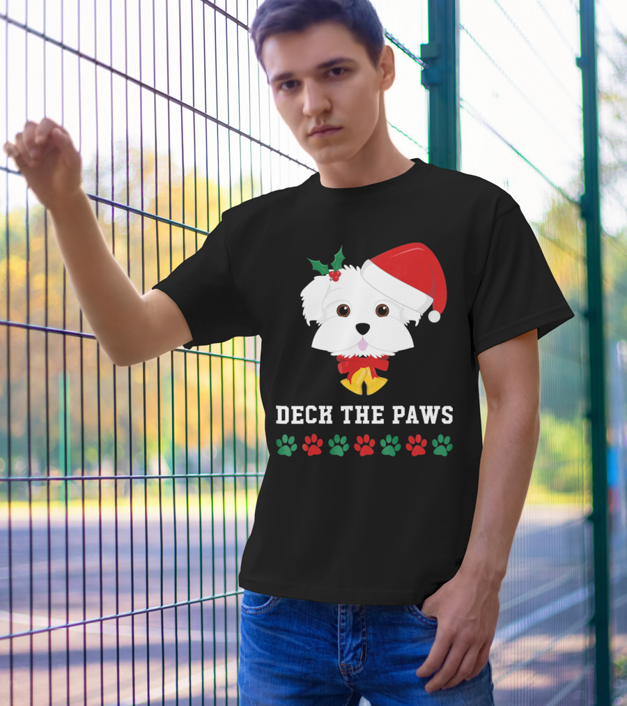 Deck The Paws Christmas Dog Maltese Santa Hat Paw Prints T-Shirt
