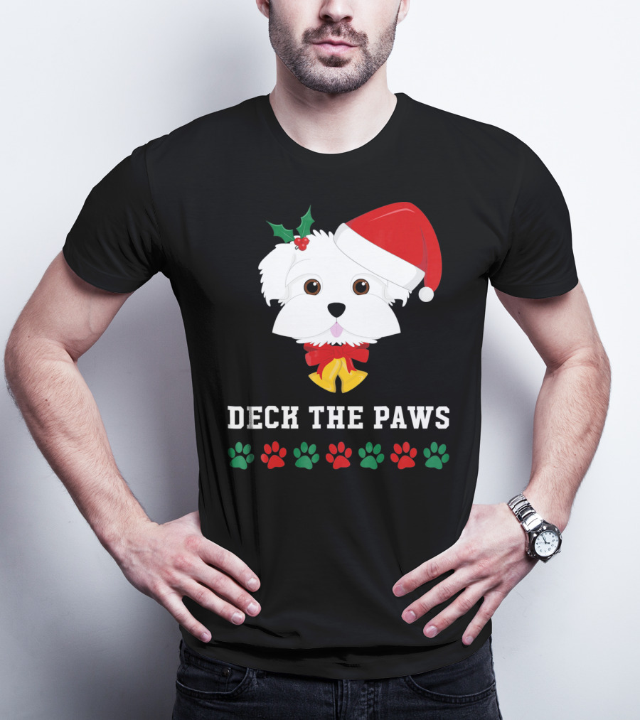 Deck The Paws Christmas Dog Maltese Santa Hat Paw Prints T-Shirt
