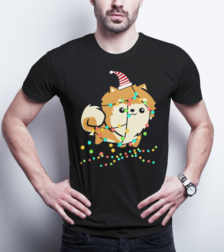 Christmas Lights Pomeranian Santa Hat T-Shirt